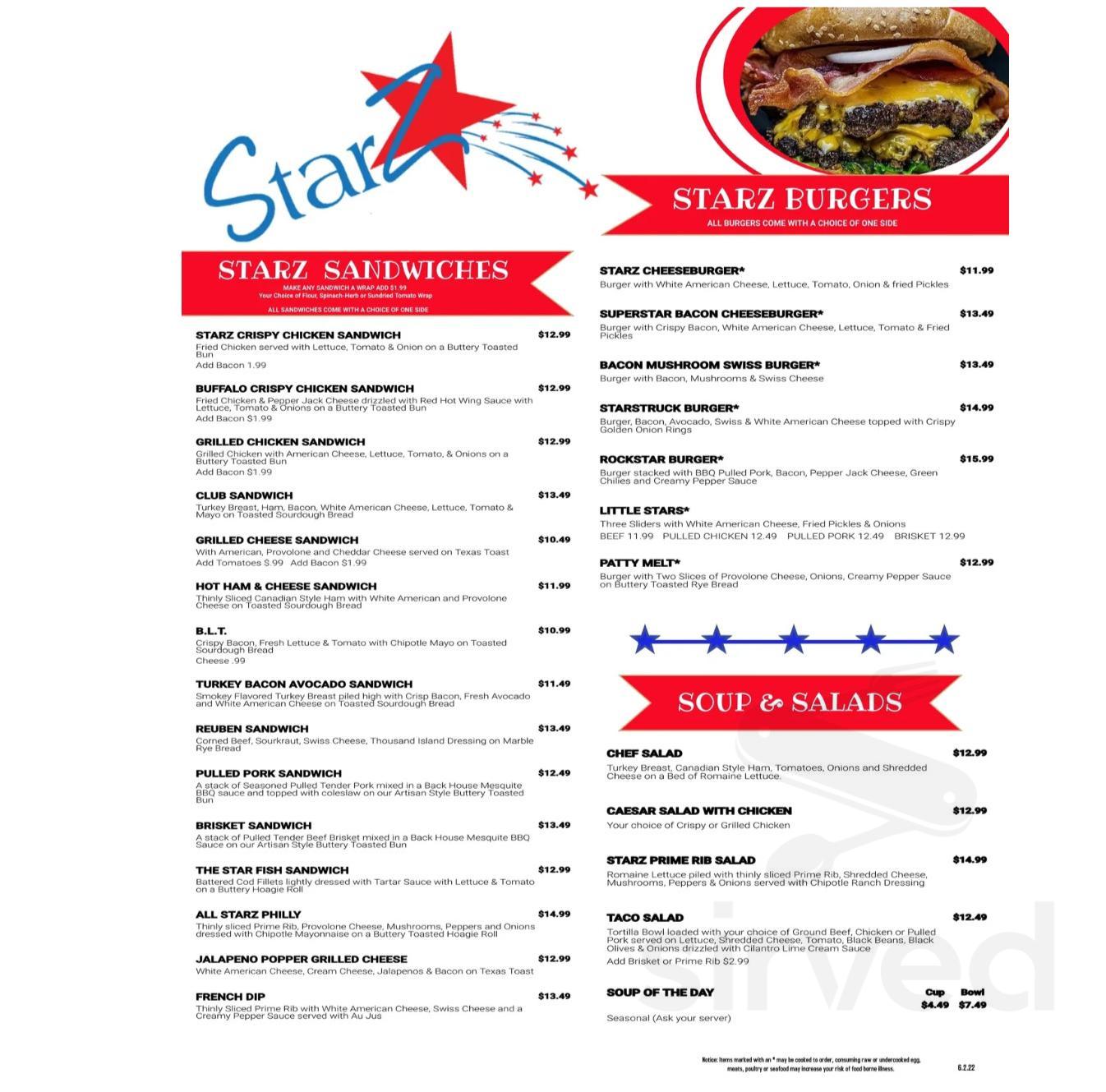 Starz American Bar and Grill menu in Mesa, Arizona, USA