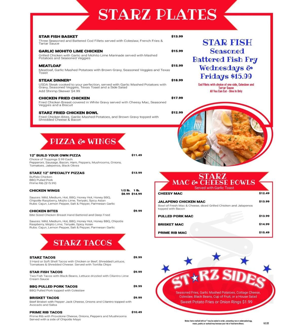 Starz American Bar and Grill menu in Mesa, Arizona, USA