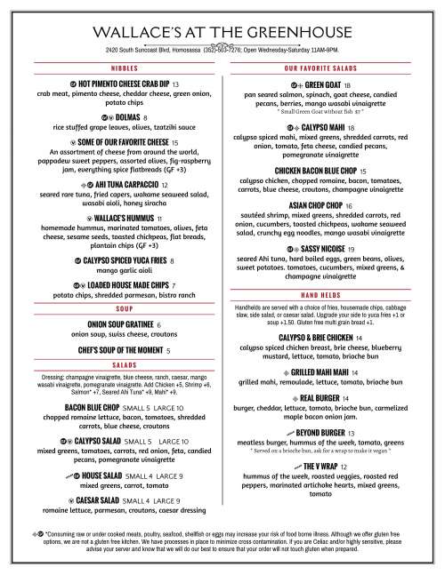 Wallace's at the Greenhouse menu in Homosassa, Florida, USA