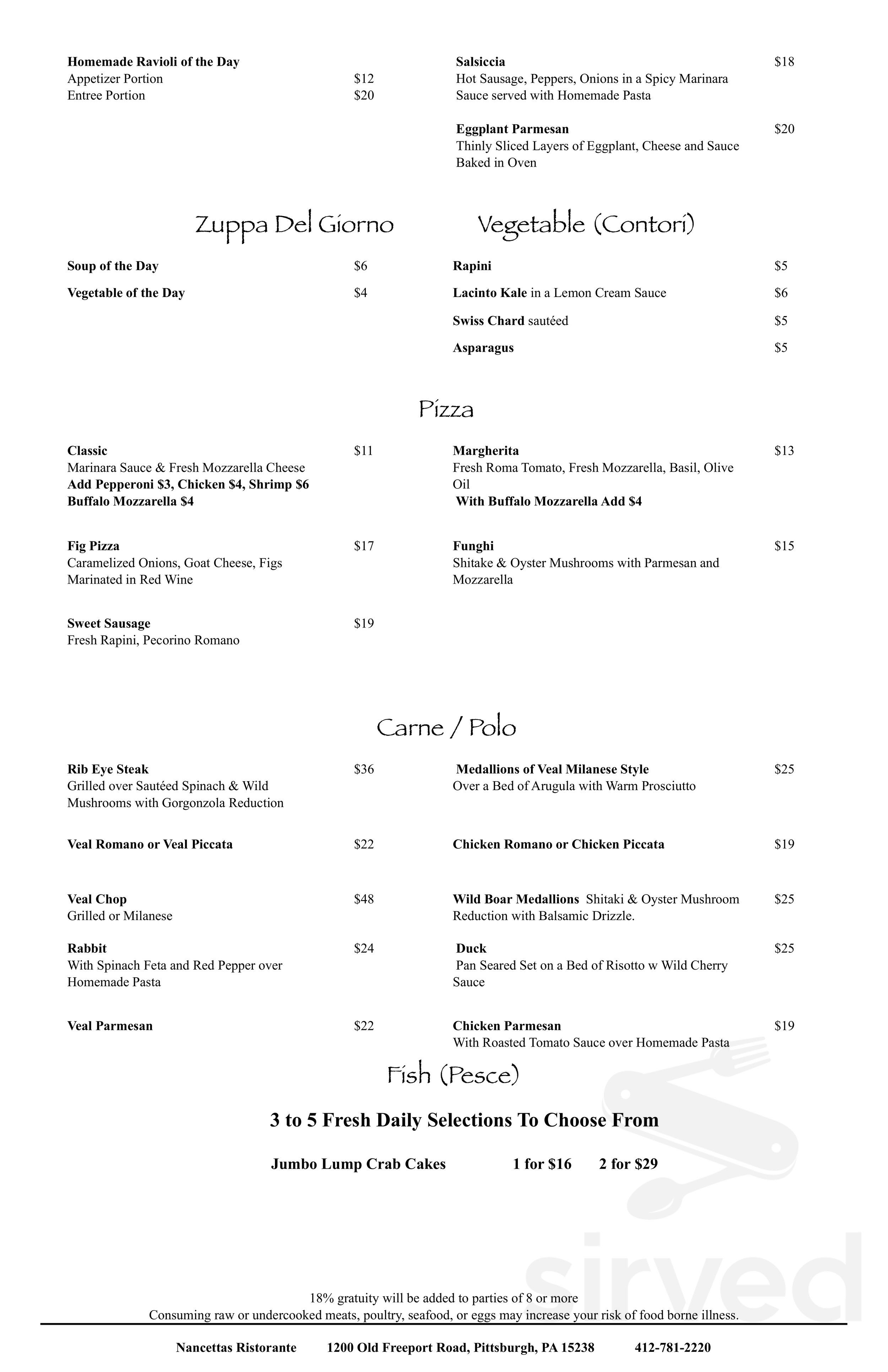 Nancettas Ristorante menu in Pittsburgh, Pennsylvania, USA