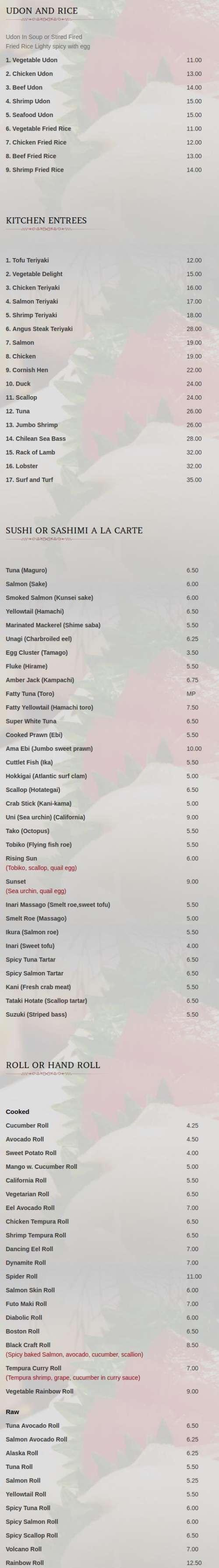 Aozora menu in Montclair, New Jersey, USA