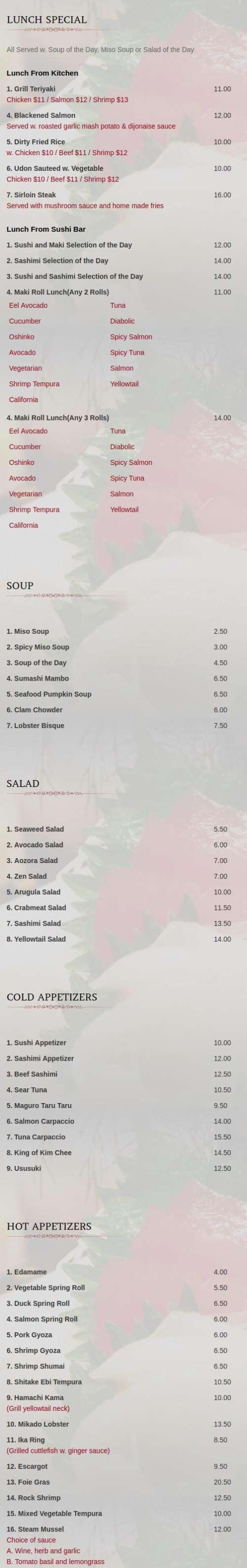 Aozora menu in Montclair, New Jersey, USA