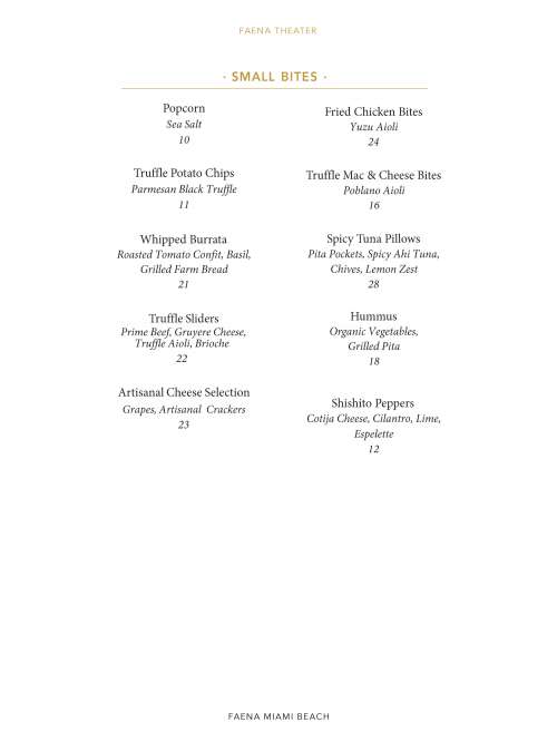 Faena Theater menu in Miami Beach, Florida, USA