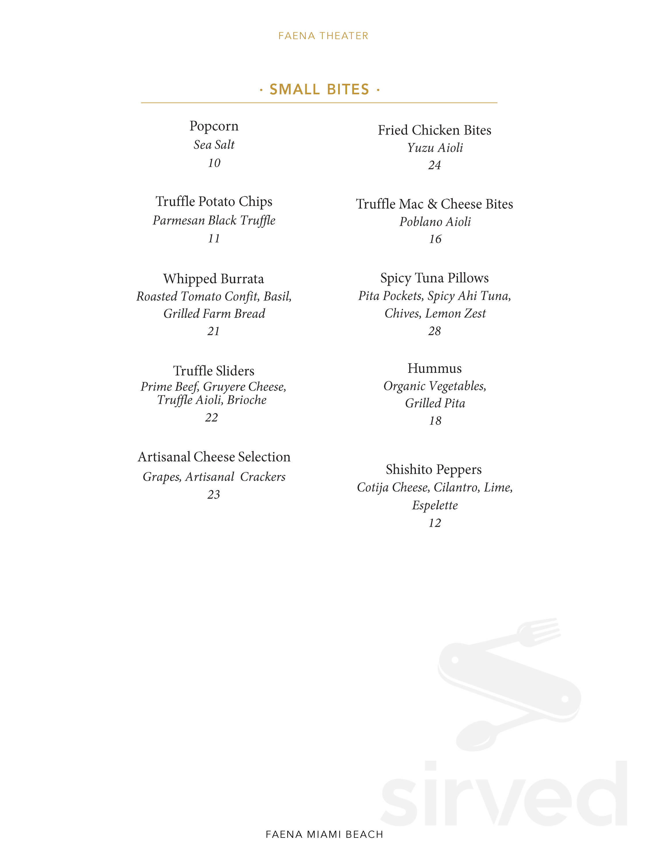Faena Theater menu in Miami Beach, Florida, USA