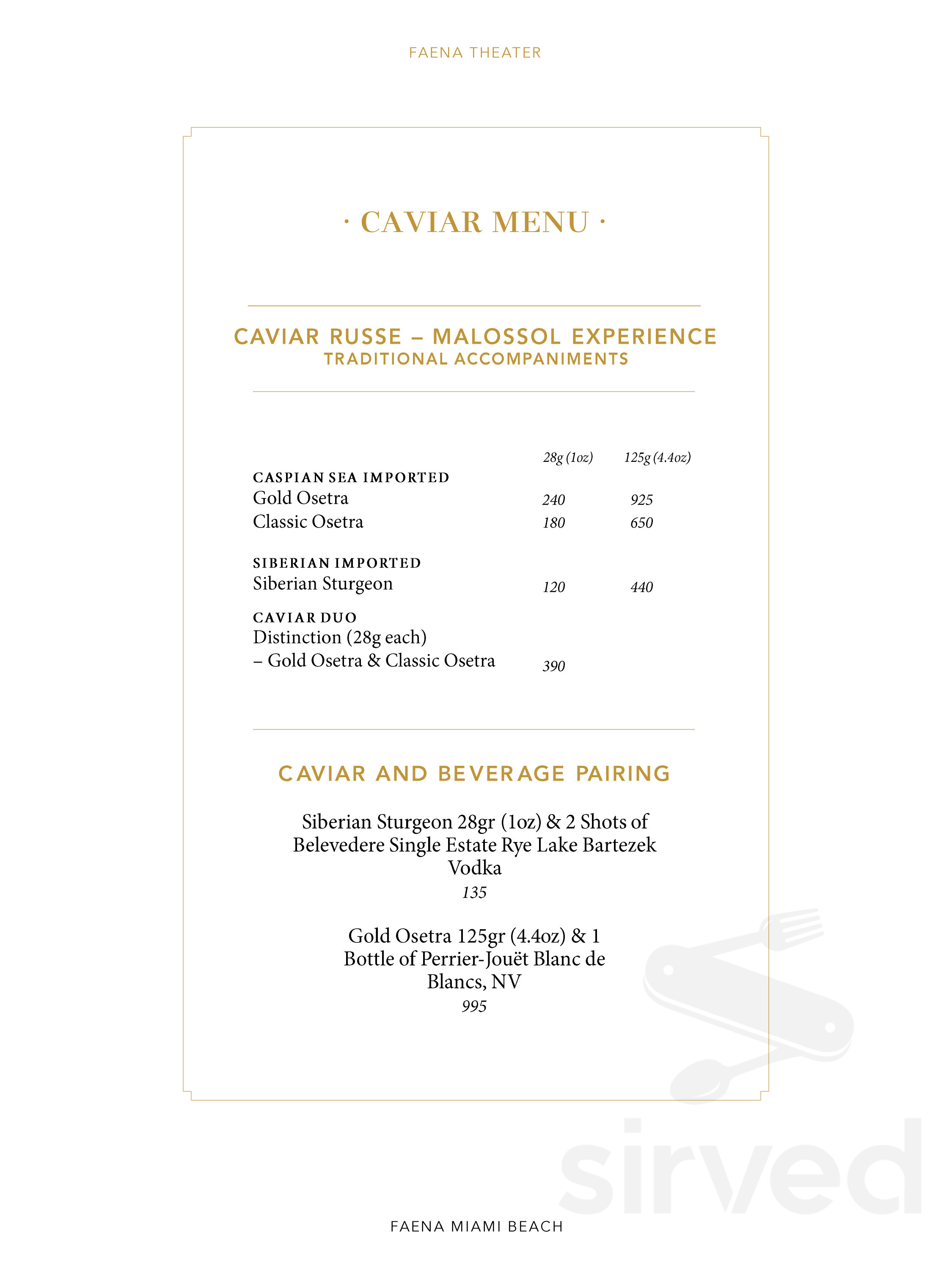 Faena Theater menu in Miami Beach, Florida, USA