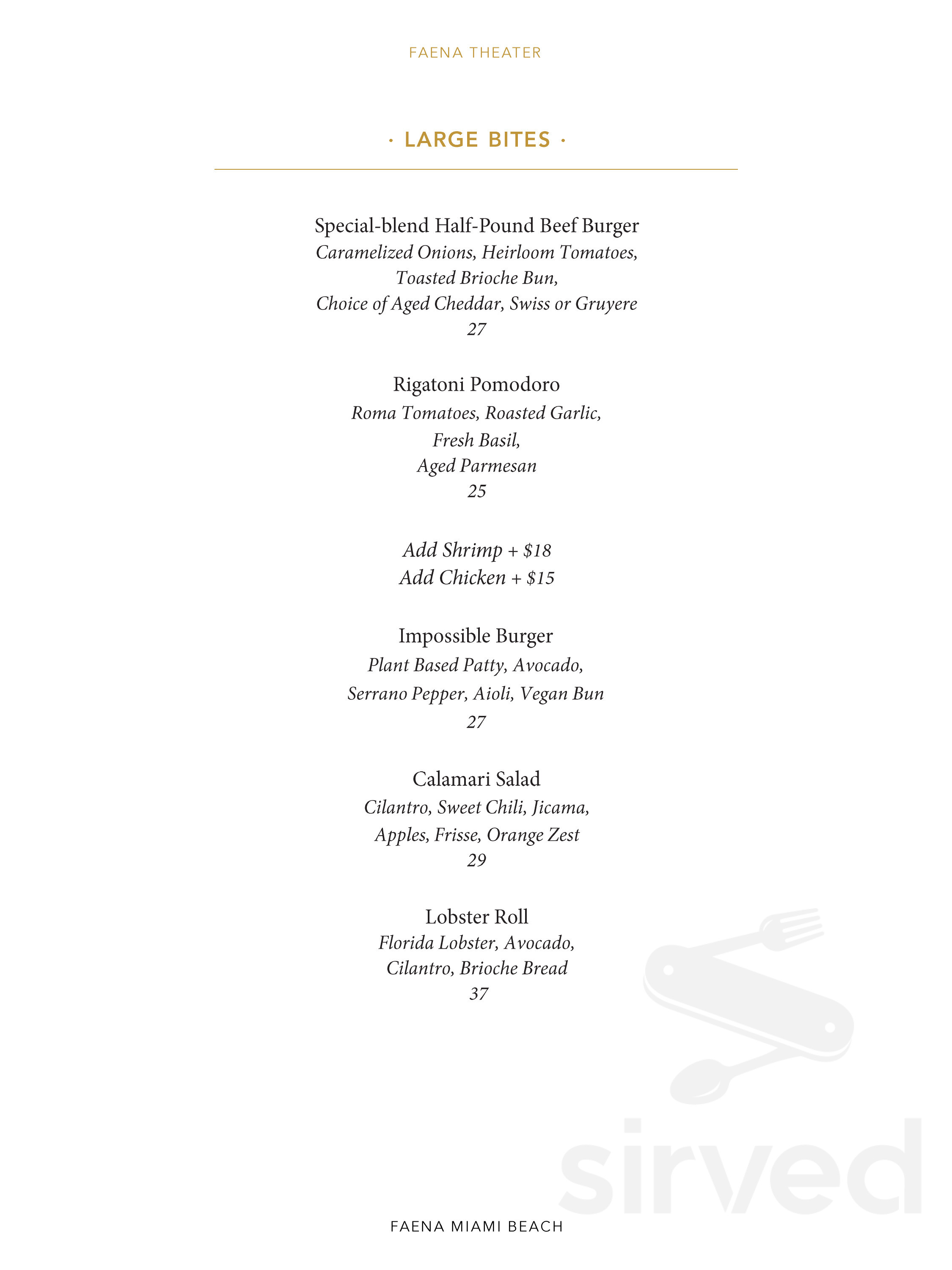 Faena Theater menu in Miami Beach, Florida, USA