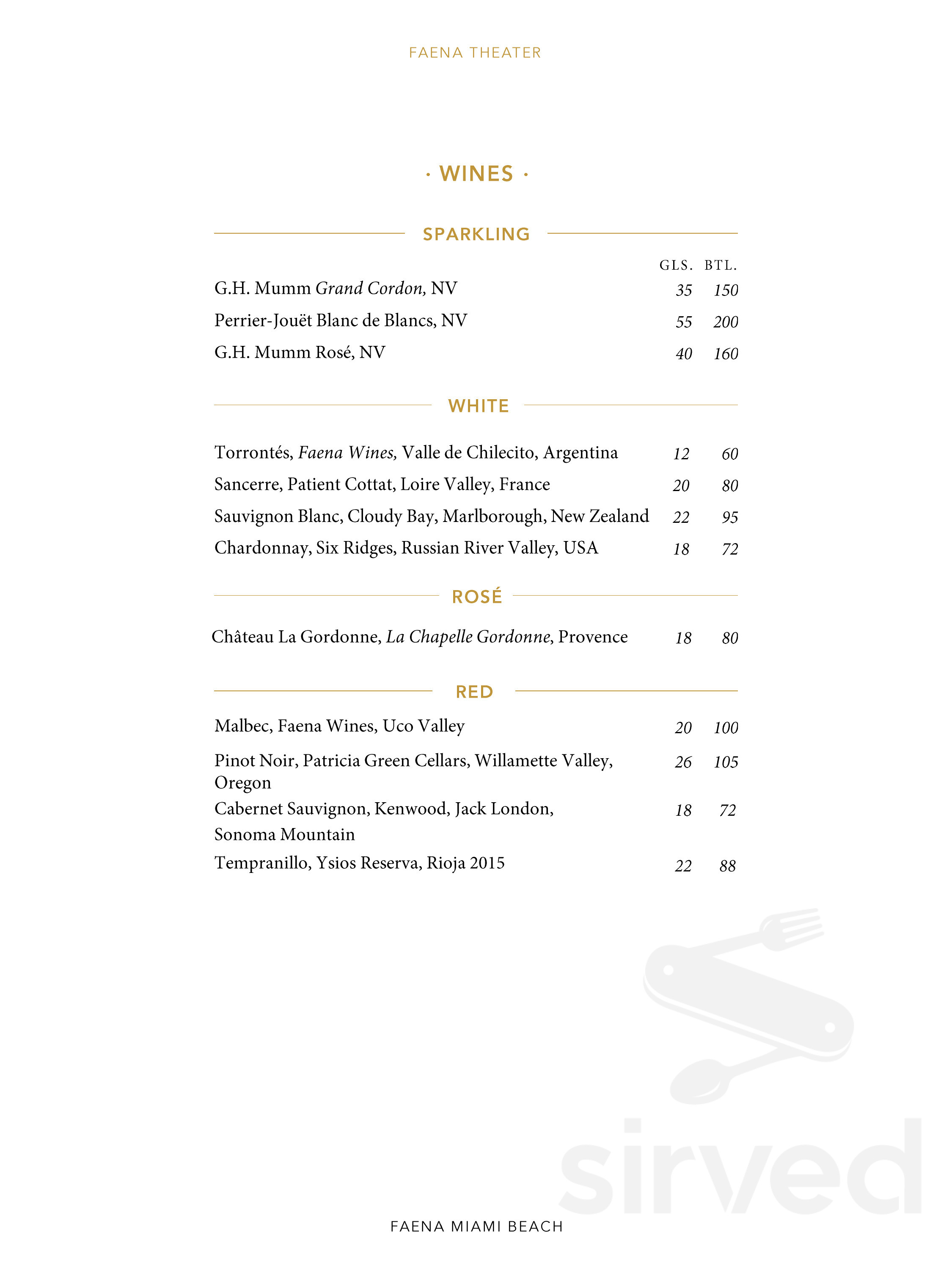 Faena Theater menu in Miami Beach, Florida, USA