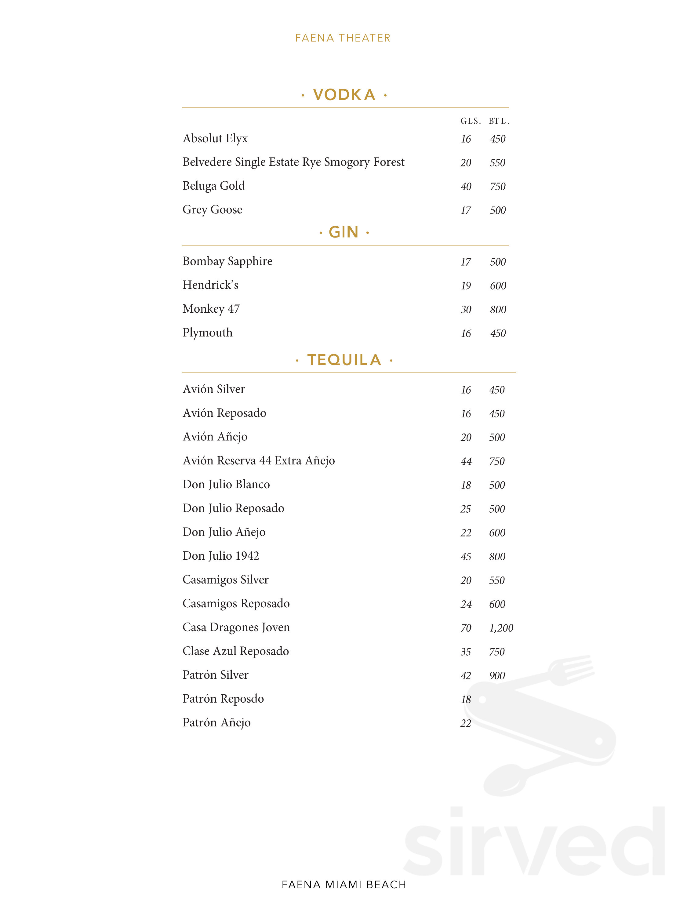 Faena Theater menu in Miami Beach, Florida, USA