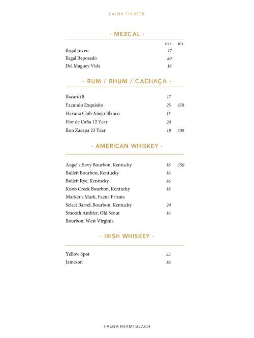 Faena Theater menu in Miami Beach, Florida, USA