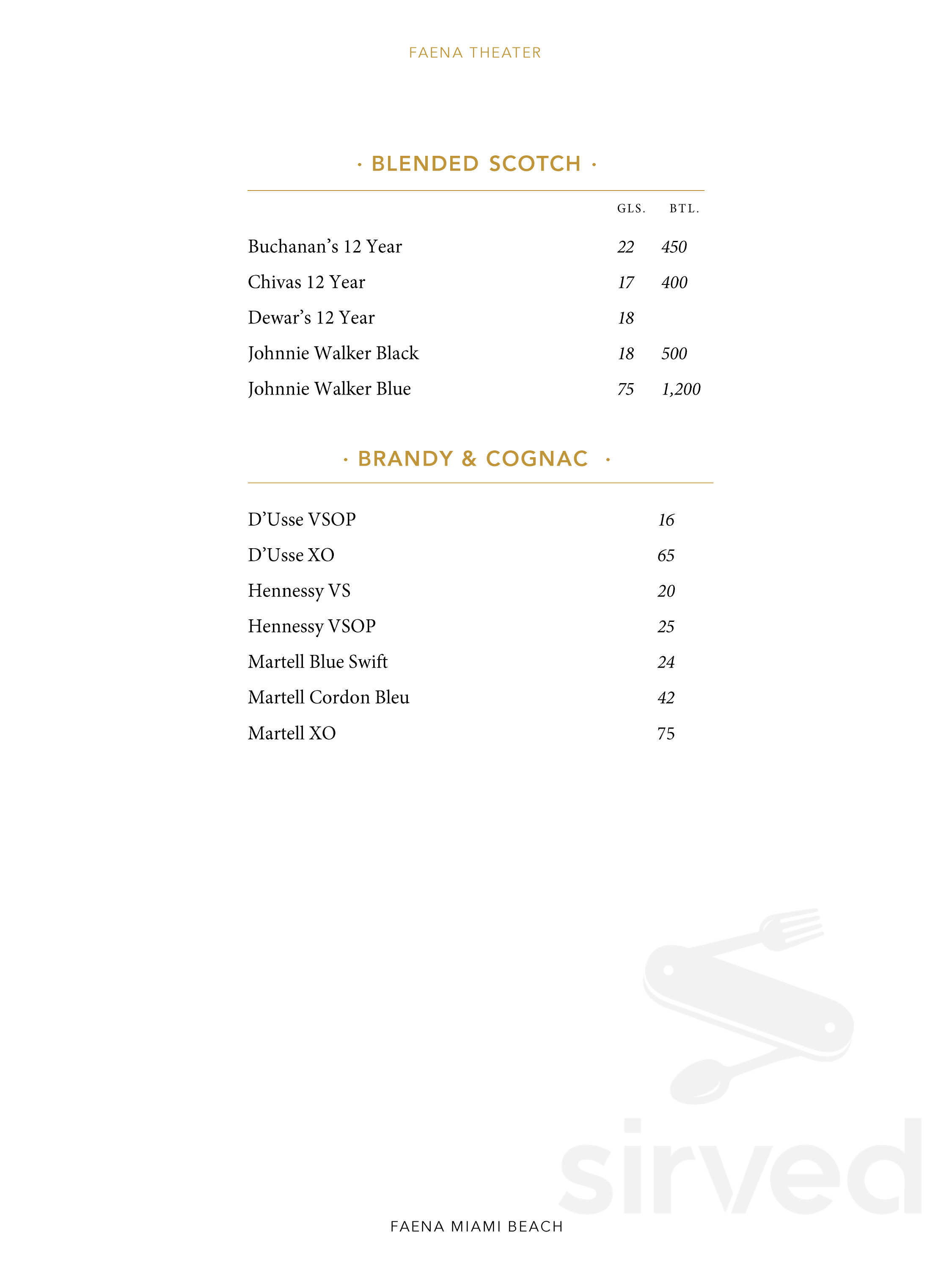 Faena Theater menu in Miami Beach, Florida, USA
