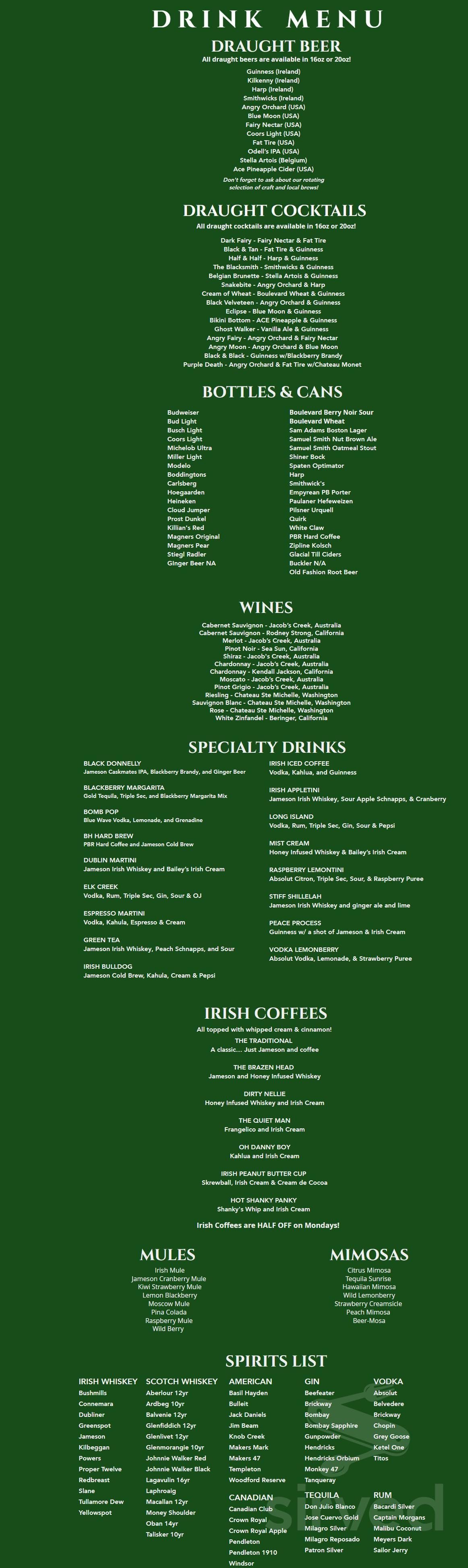 Brazen Head Irish Pub Menu In Omaha Nebraska Usa