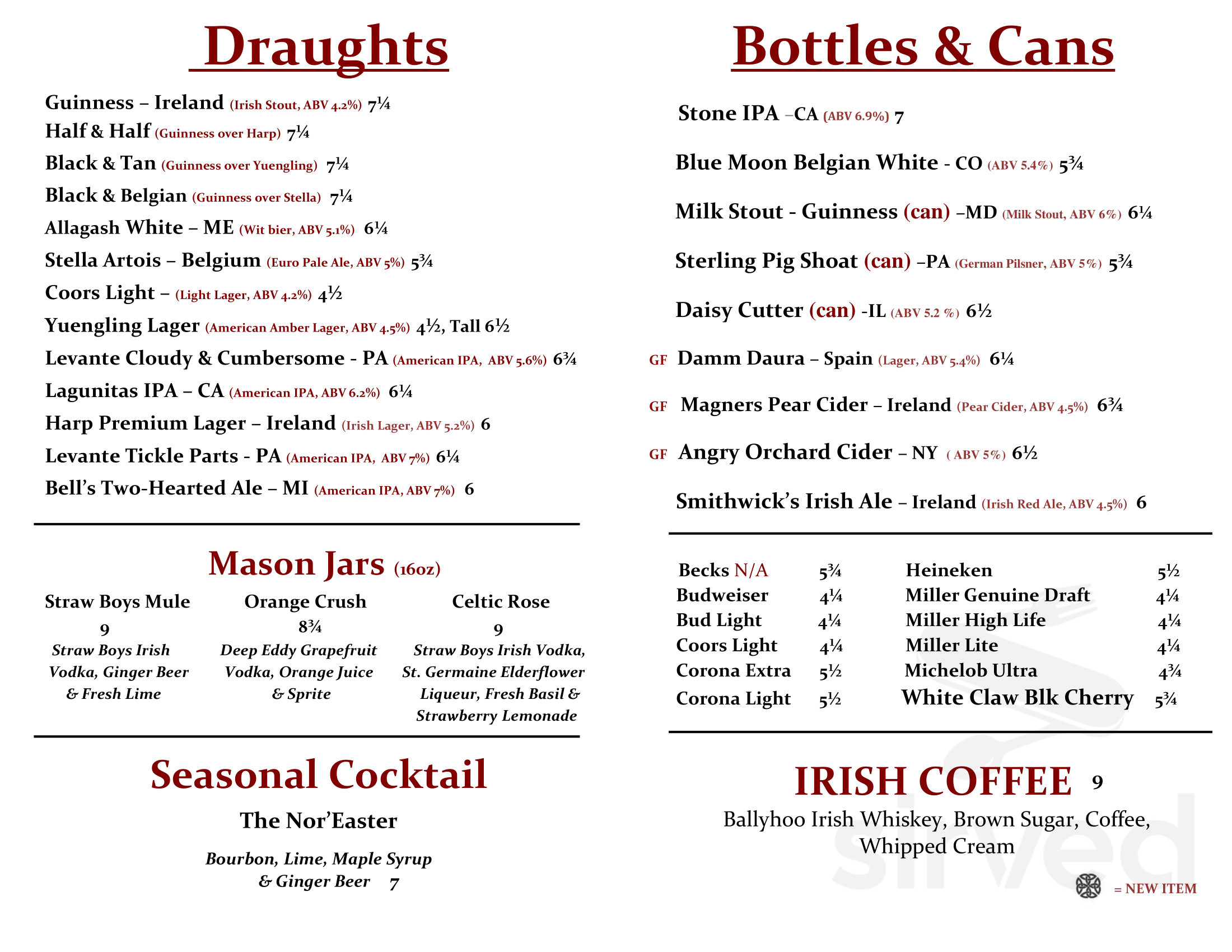 The Stone Tavern menu in West Chester, Pennsylvania, USA