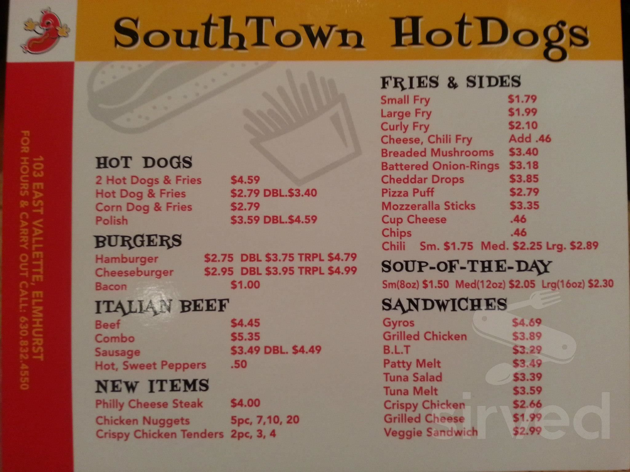 Southtown Hot Dogs menu in Elmhurst, Illinois, USA