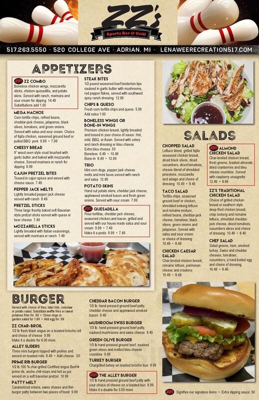 Menu - Adrian MI's Lenawee Recreation Bowling Center and ZZ's Sports ...