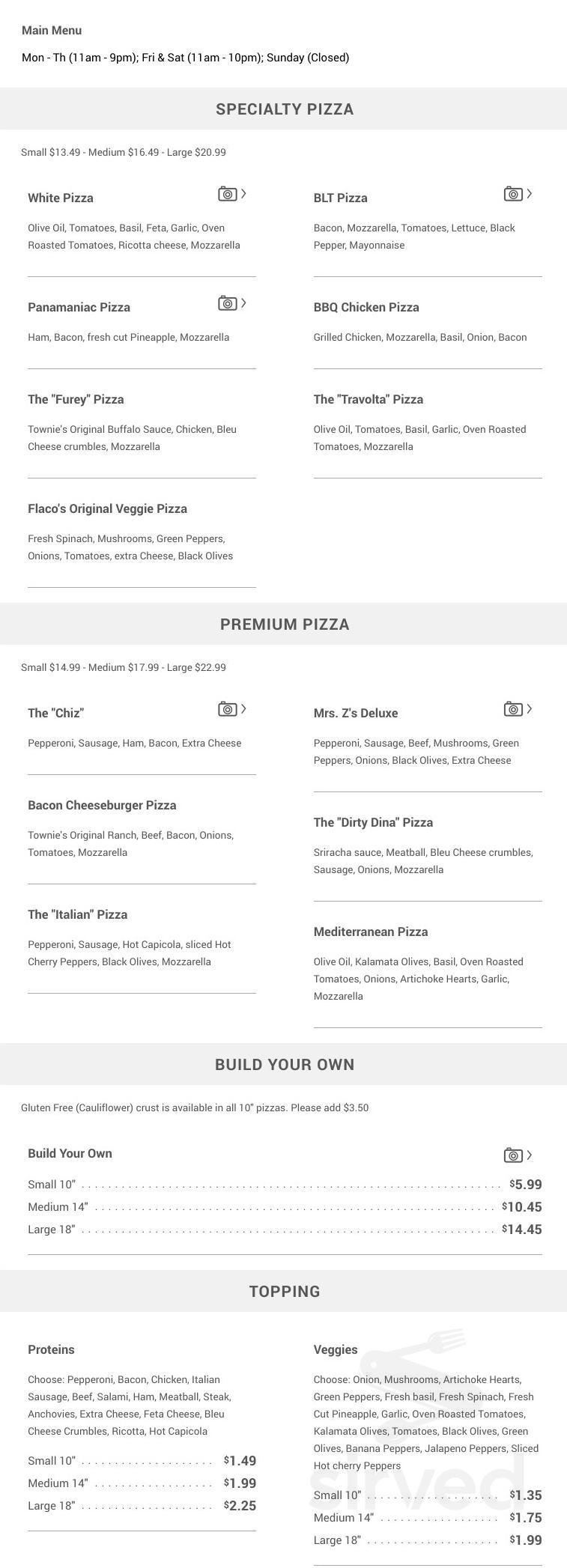Menu for Townies Pizzeria in Fernandina Beach, FL | Sirved