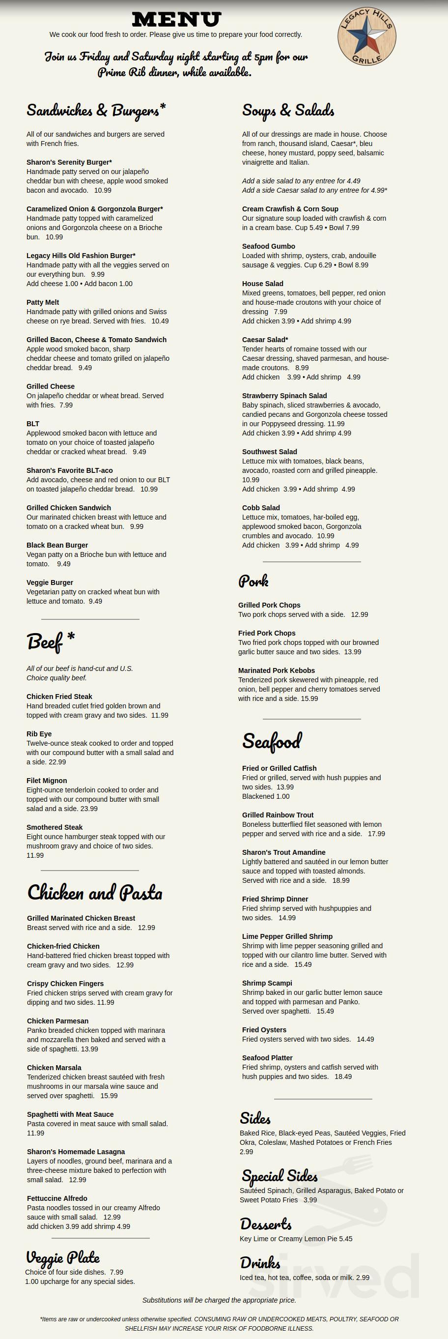 Menu - Georgetown TX's Legacy Hills Grille | Sirved