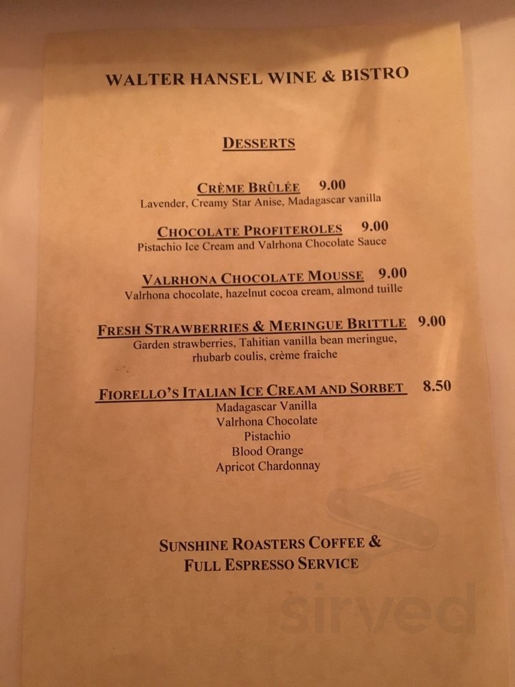 Walter Hansel Wine & Bistro menu in Santa Rosa, California, USA