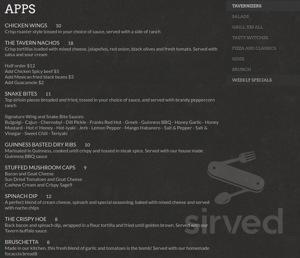 Menu for Tavern on Whyte in Edmonton, AB | Sirved