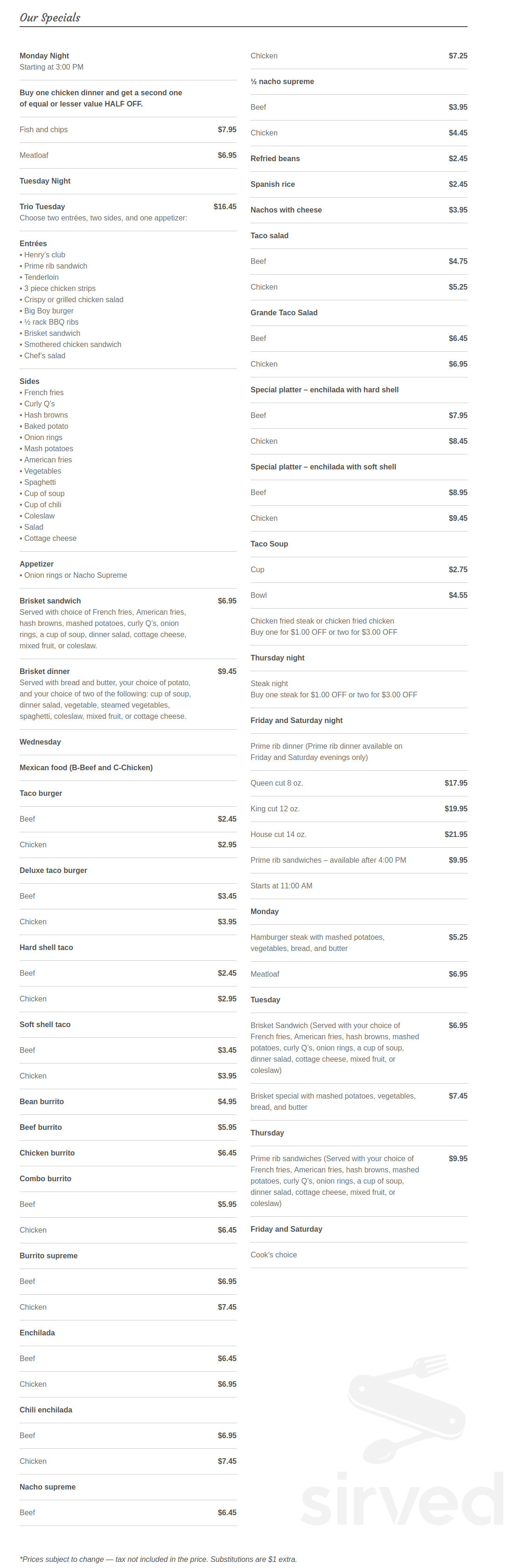 Menu for Henry's Diner in Crescent, IA | Sirved