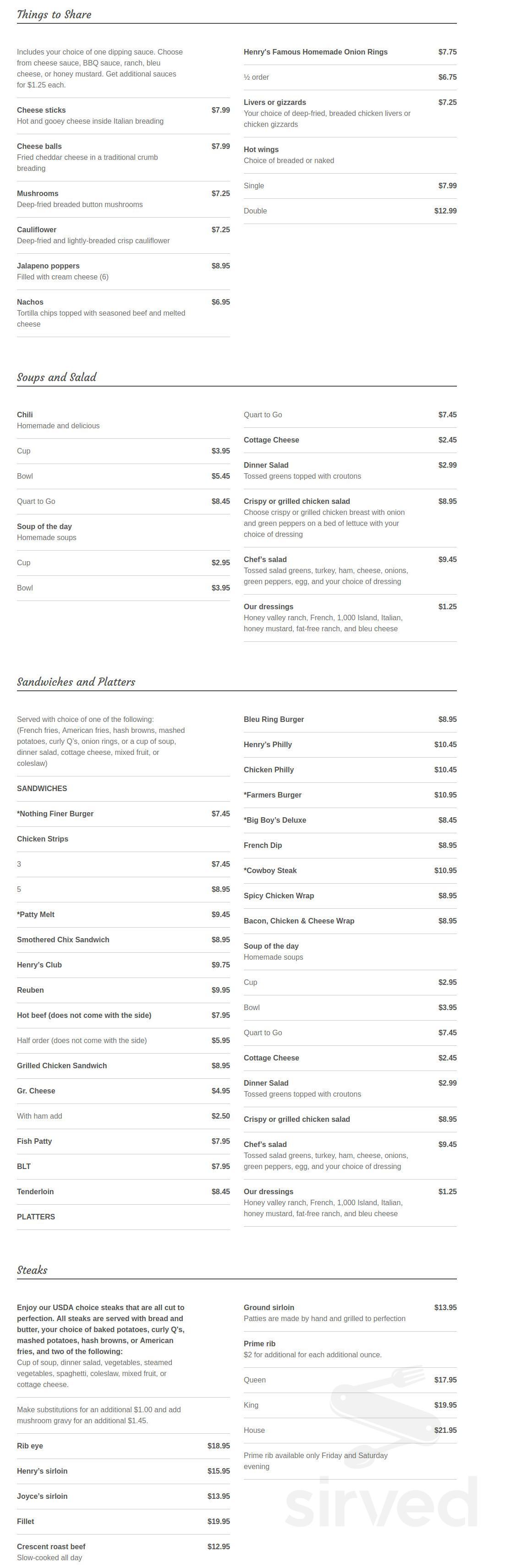 Menu for Henry's Diner in Crescent, IA | Sirved
