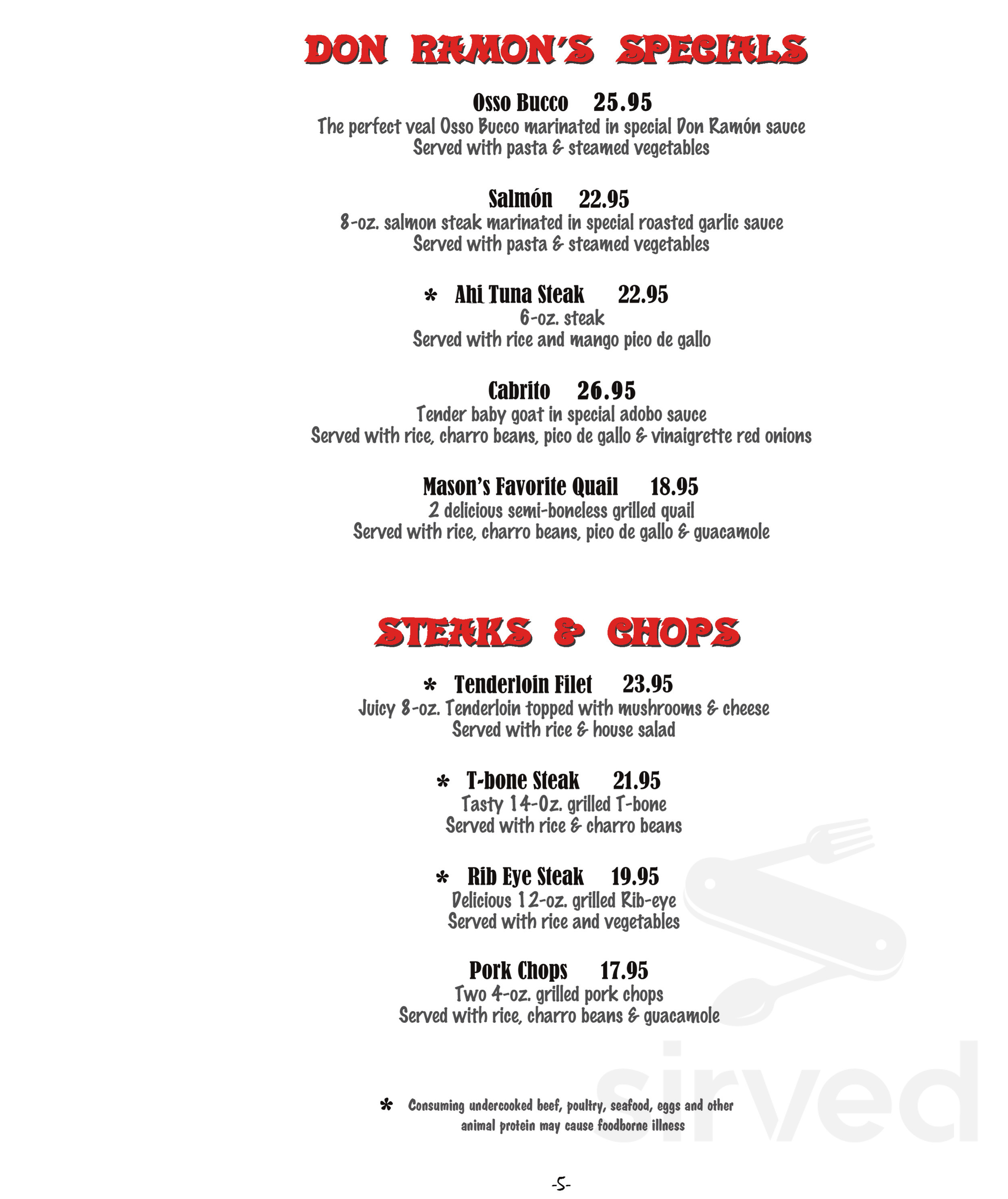 Don Ramon's menu in Houston, Texas, USA