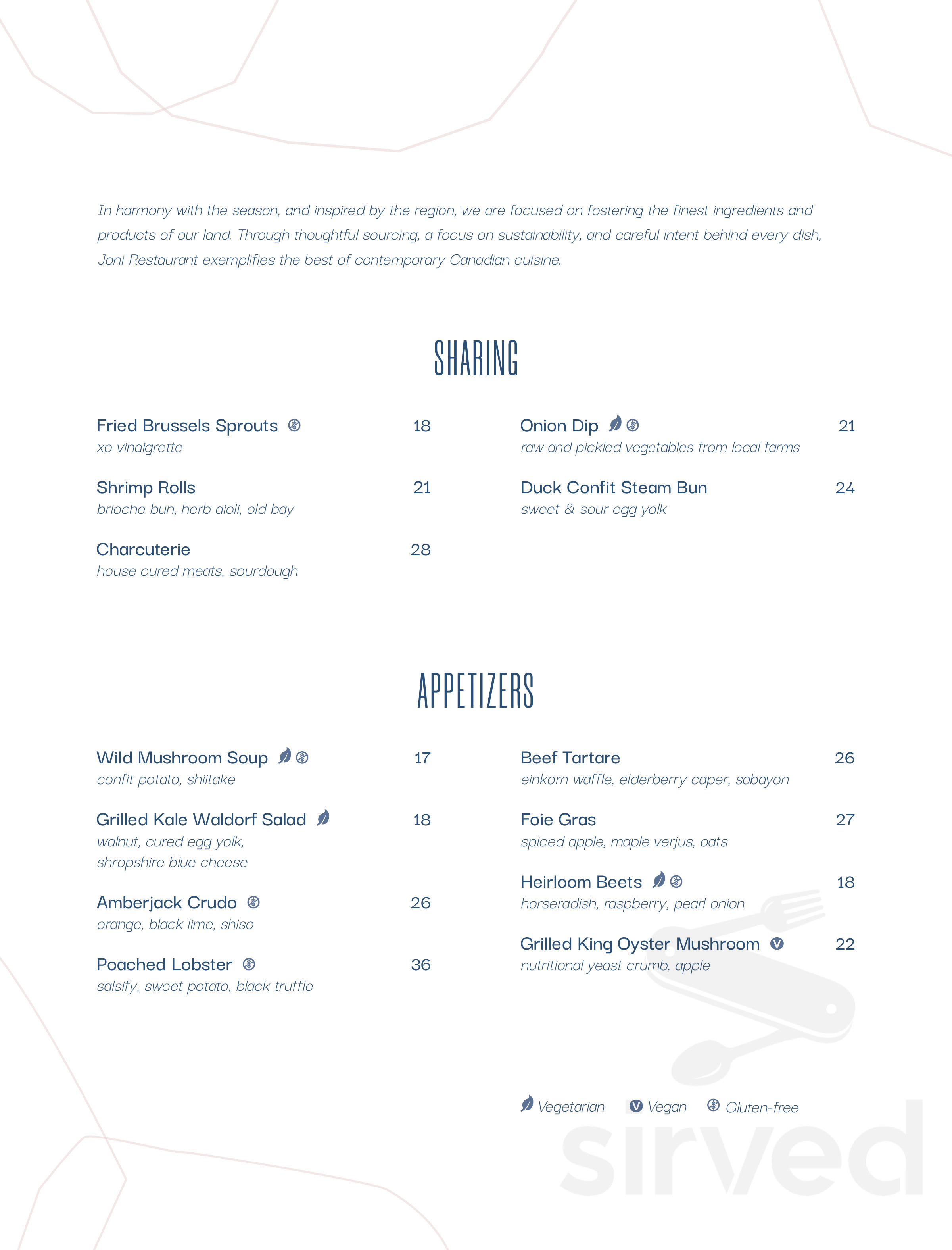 Menu - Toronto ON's Joni Restaurant | Sirved