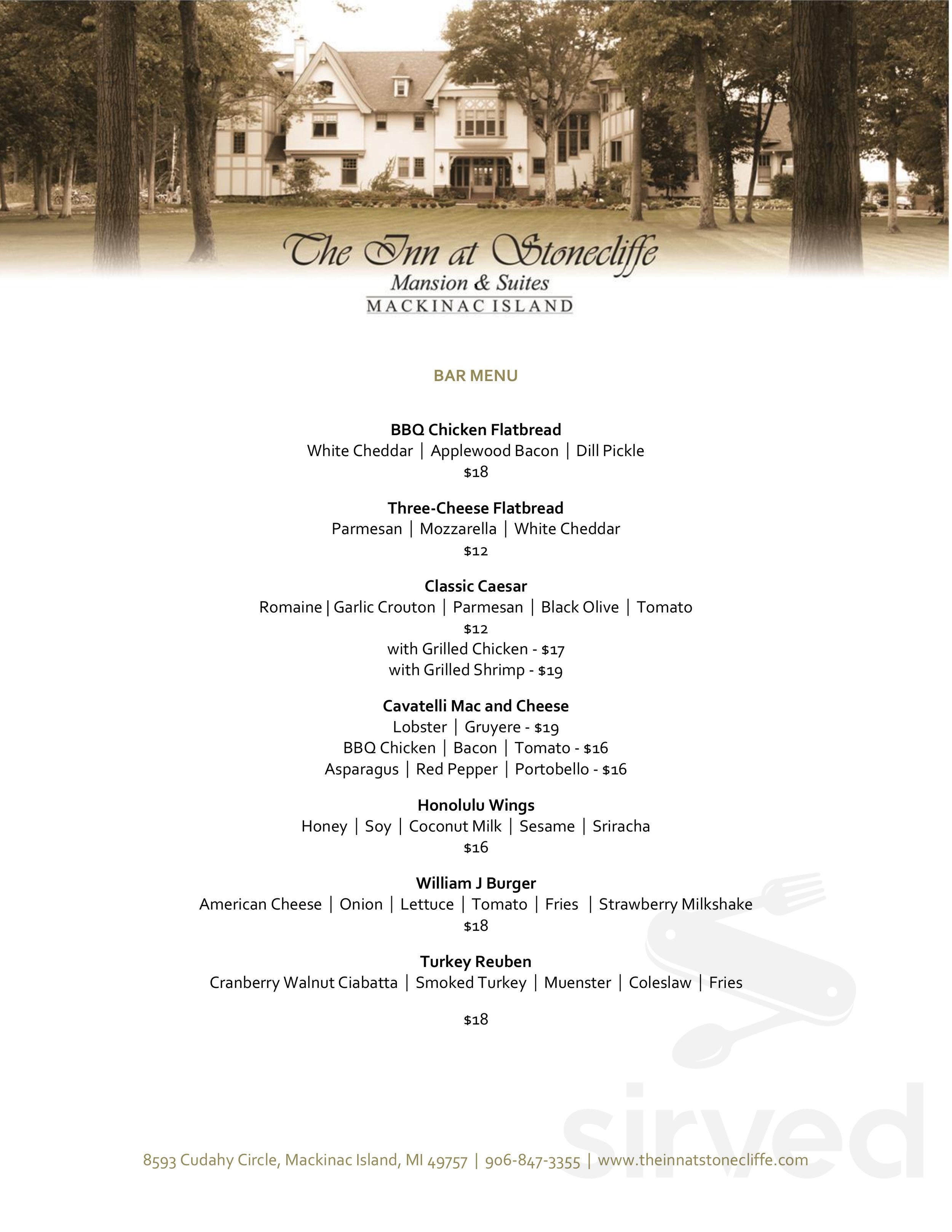 The Inn at Stonecliffe menu in Mackinac Island, Michigan, USA