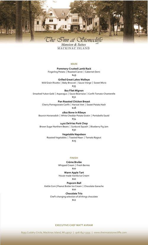 The Inn at Stonecliffe menu in Mackinac Island, Michigan, USA