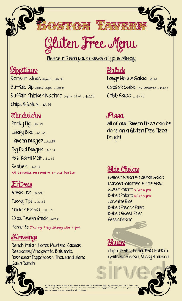 Boston Tavern menu in Middleborough, Massachusetts, USA