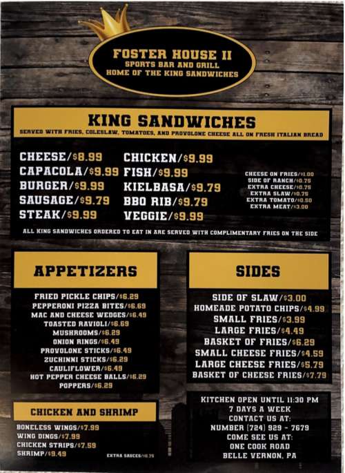 Foster House II menu in Belle Vernon, Pennsylvania, USA