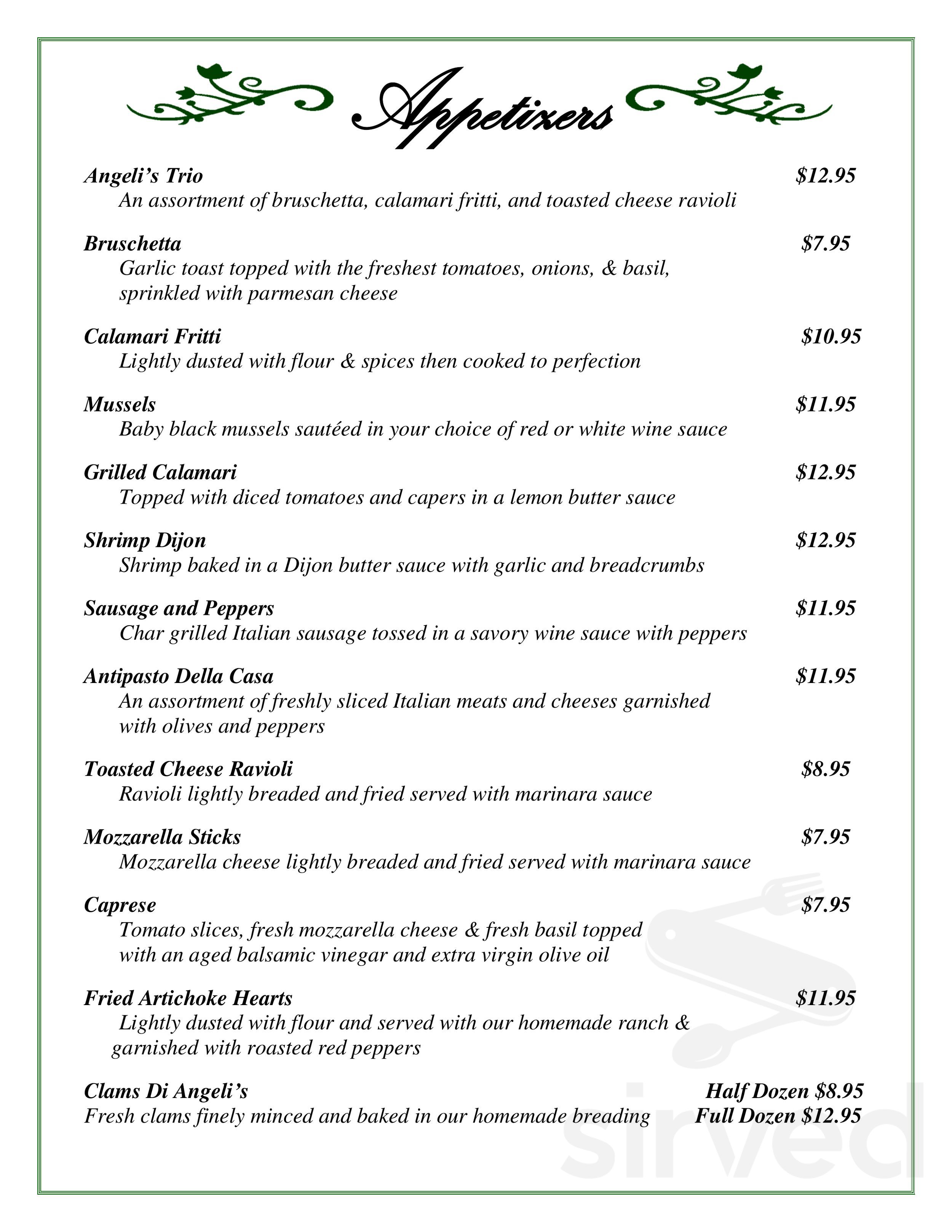 Angeli's menu in Naperville, Illinois, USA