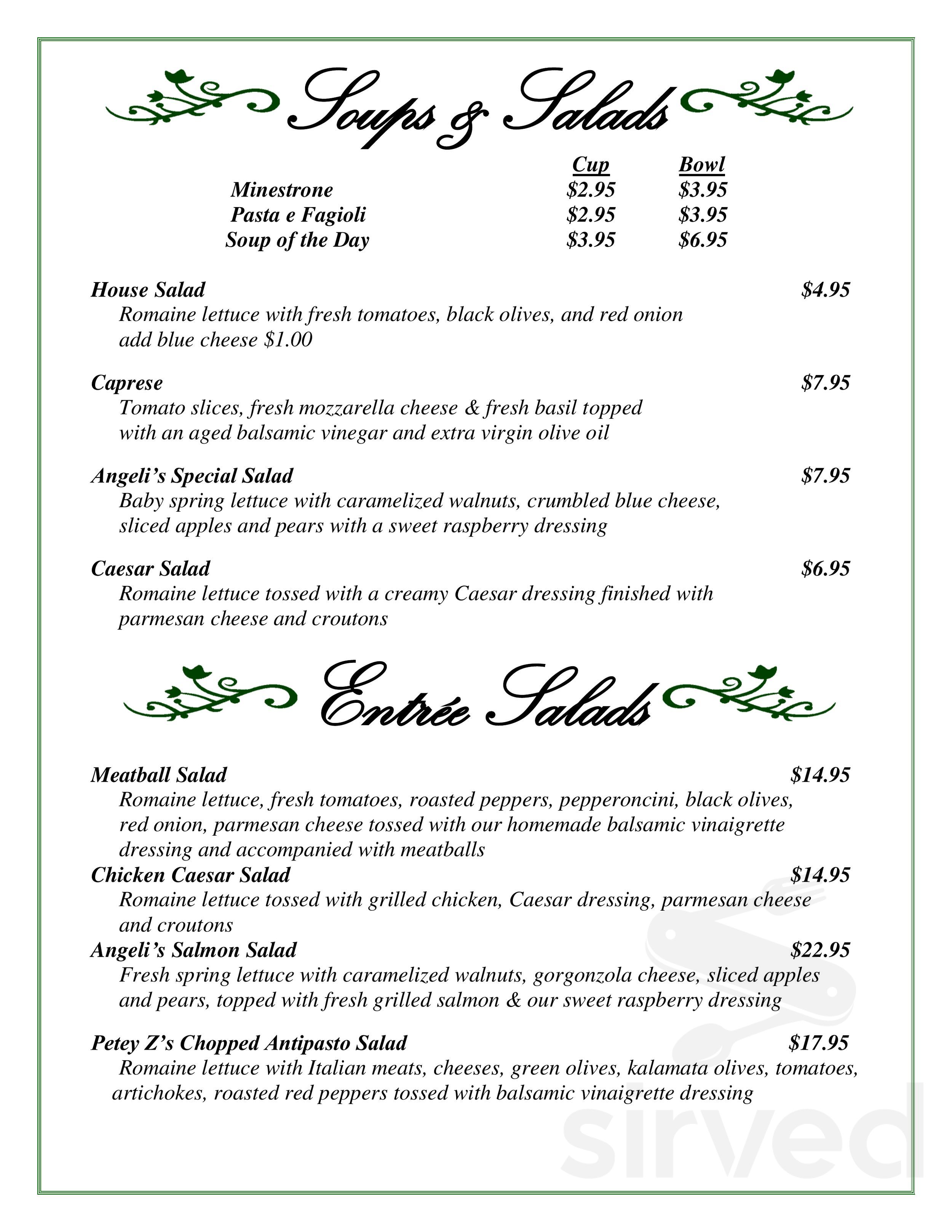 Angeli's menu in Naperville, Illinois, USA