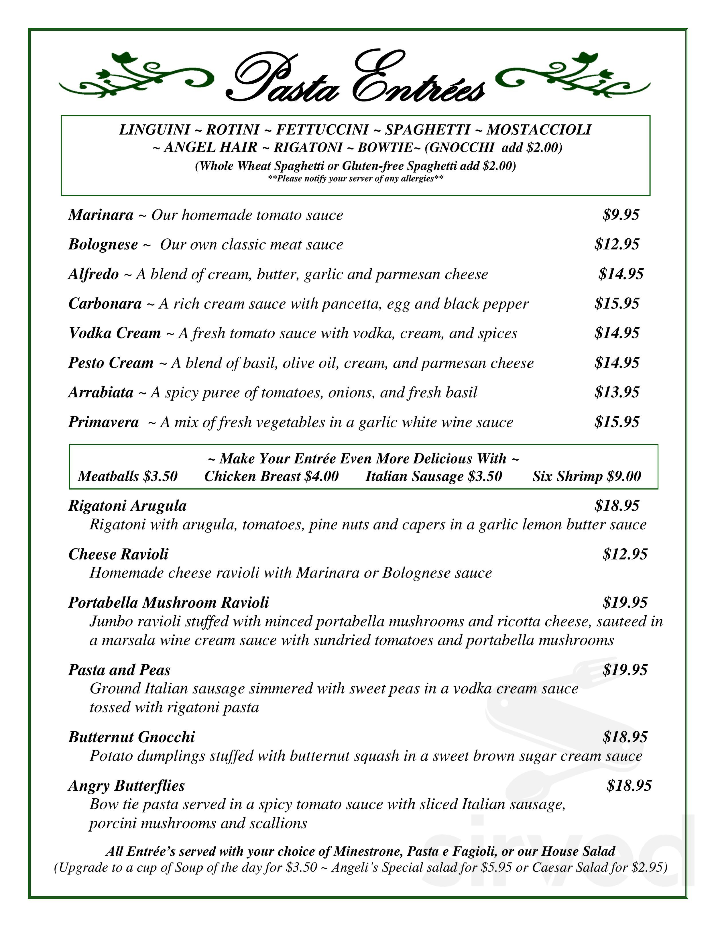 Angeli's menu in Naperville, Illinois, USA