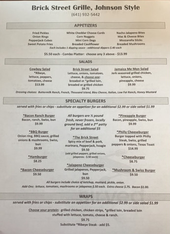 Brick Street Grille, Johnson Style, Albia menus in Albia, Iowa, United ...