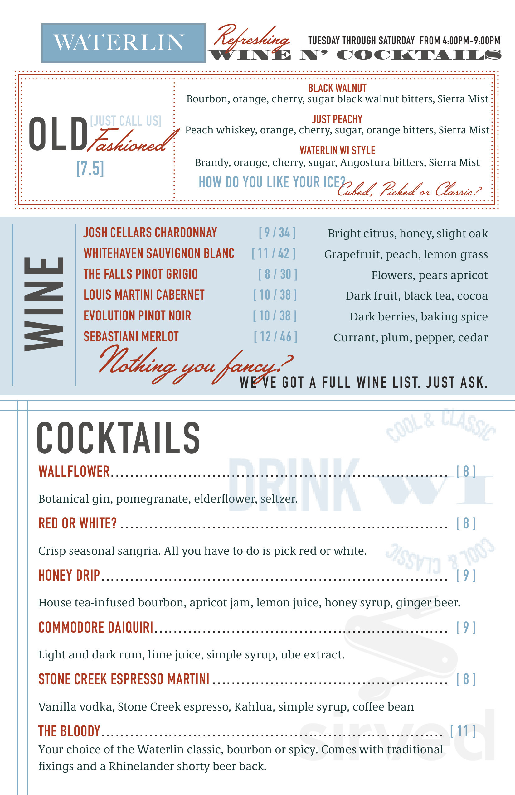 Waterlin menu in Menomonee Falls, Wisconsin, USA