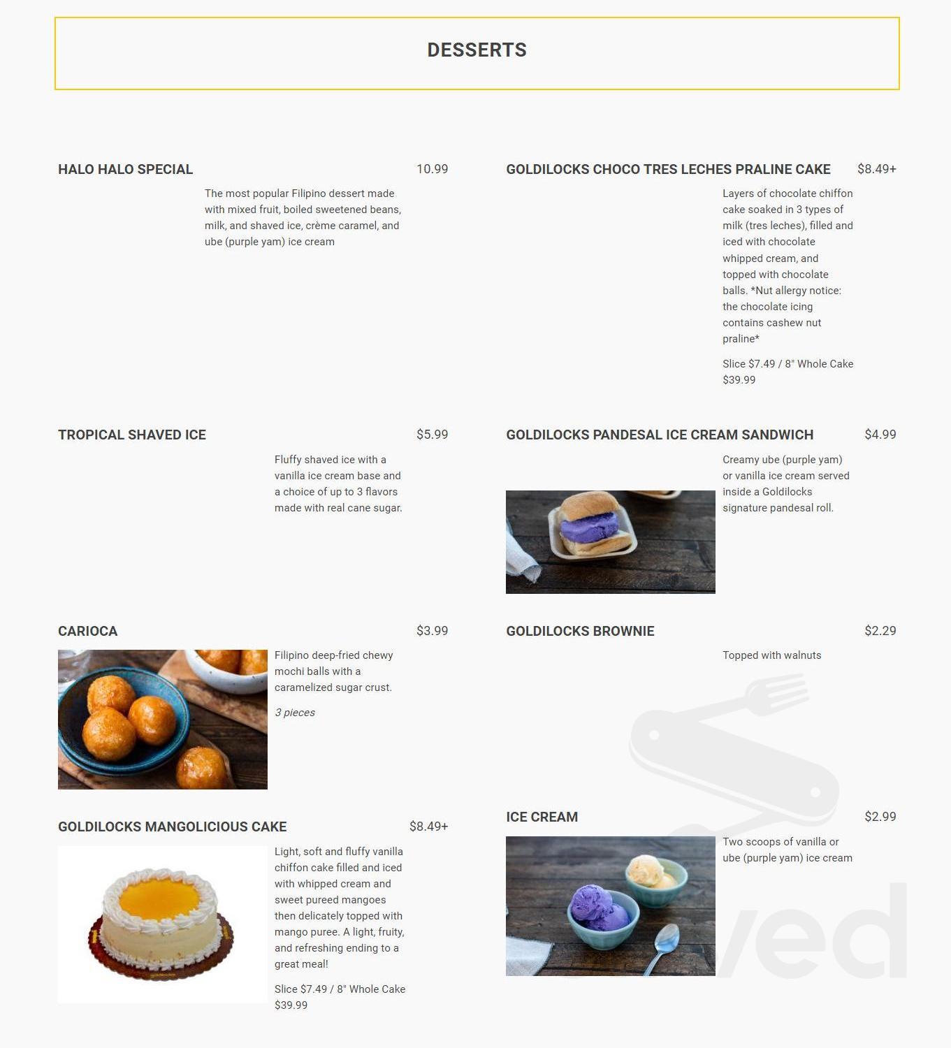 Goldilocks Filipino Cuisine (SFO T1) menu in San Francisco, California, USA