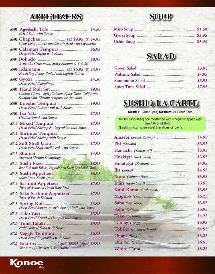 Konoe Sushi menus in Barrie, Ontario, Canada