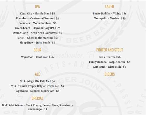 109 Burger Joint menu in Miami, Florida, USA