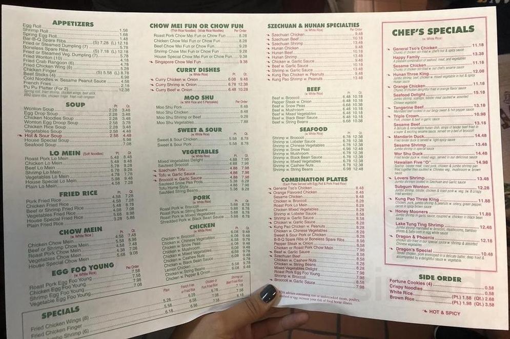 Dragon 168 menu in Fairfield, Connecticut, USA