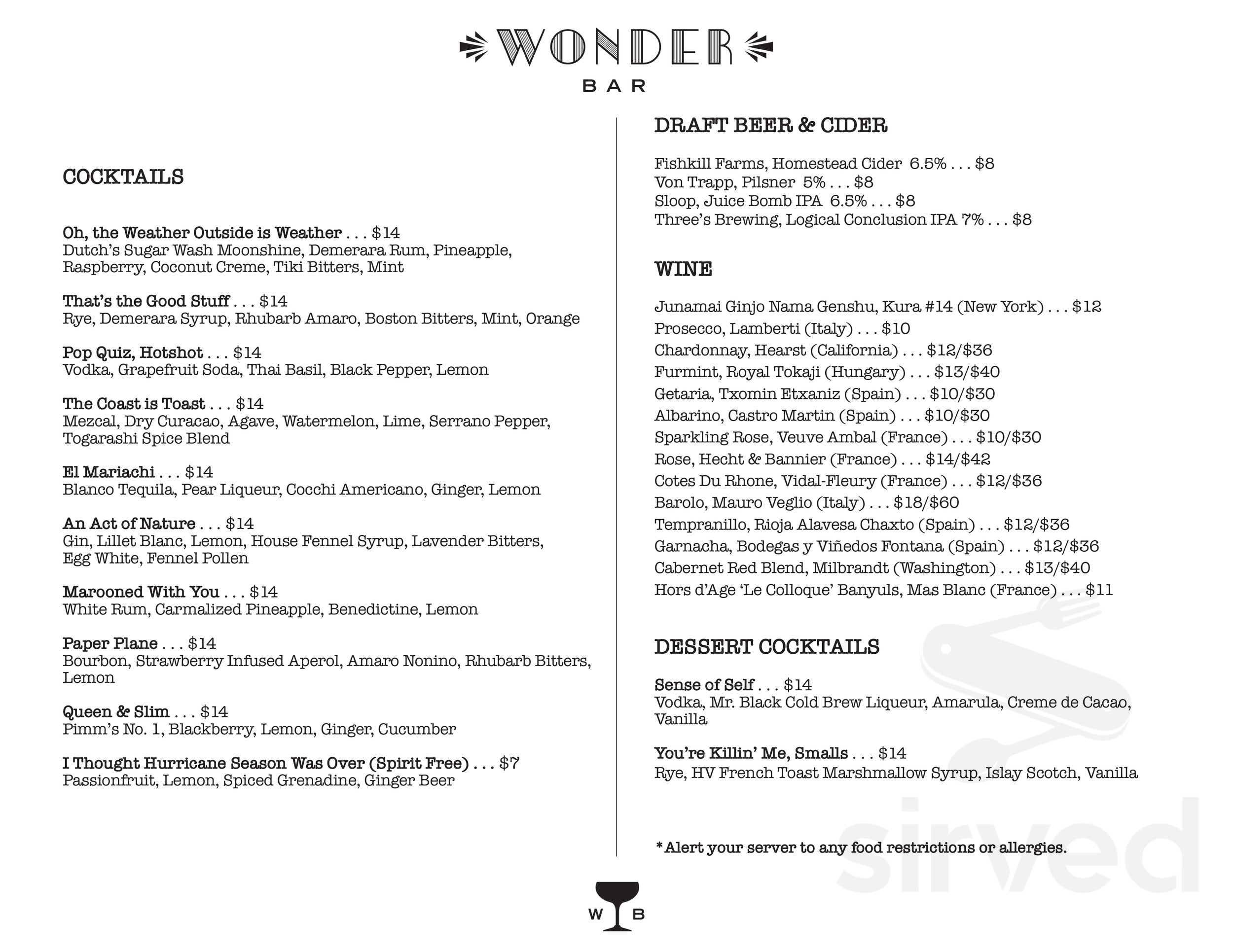 Wonderbar Beacon menu in Beacon, New York, USA