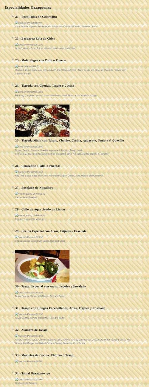 Oaxaca Restaurant menu in Fresno, California, USA