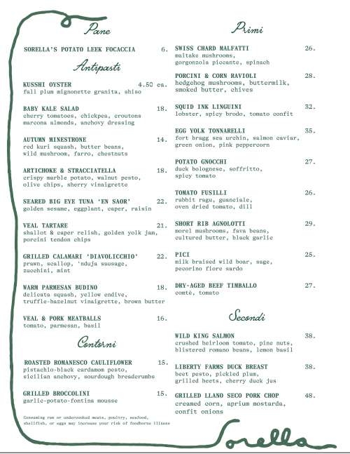 Sorella menu in San Francisco, California, USA
