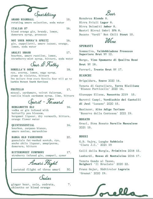 Sorella menu in San Francisco, California, USA