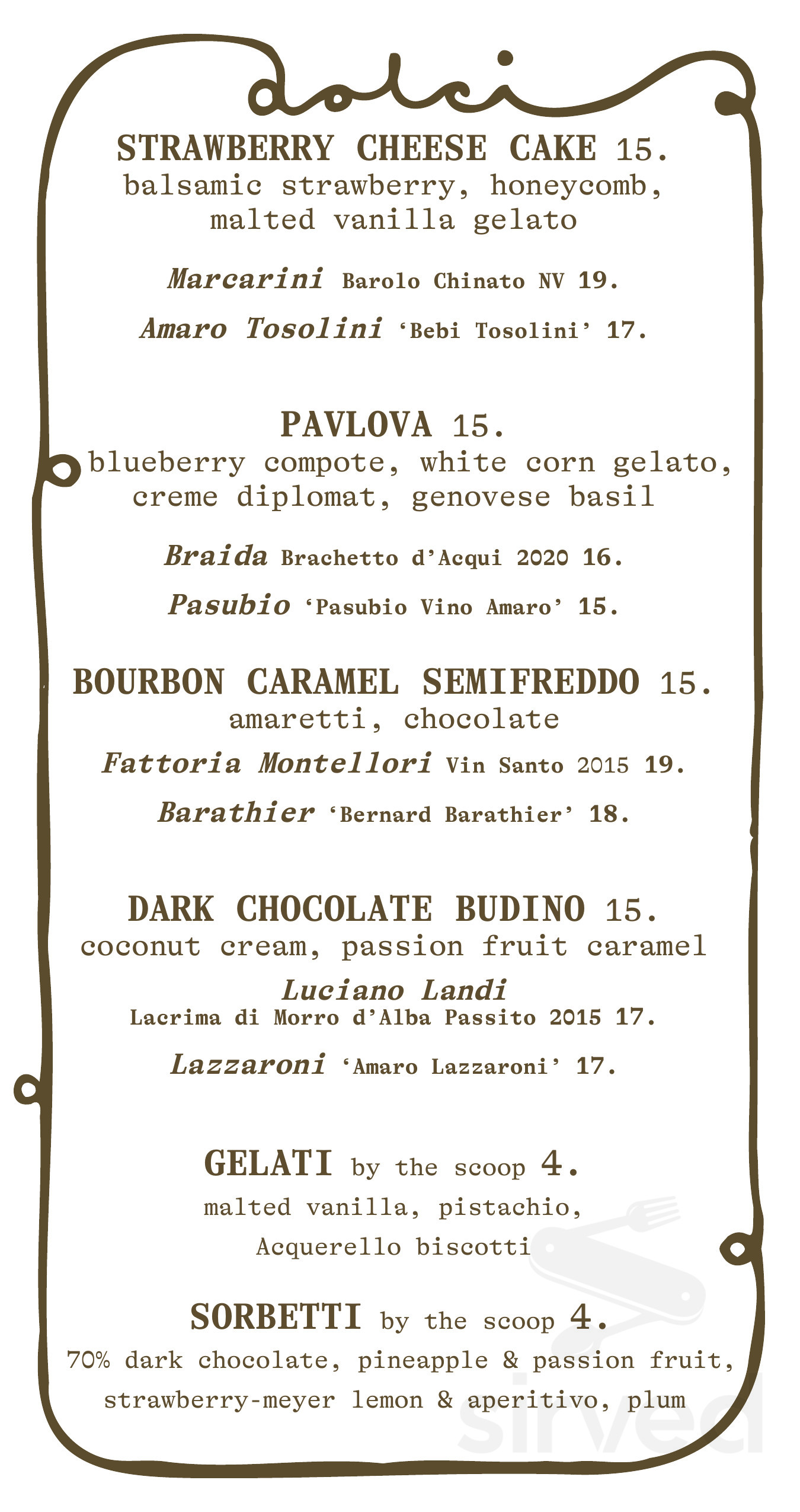 Sorella menu in San Francisco, California, USA