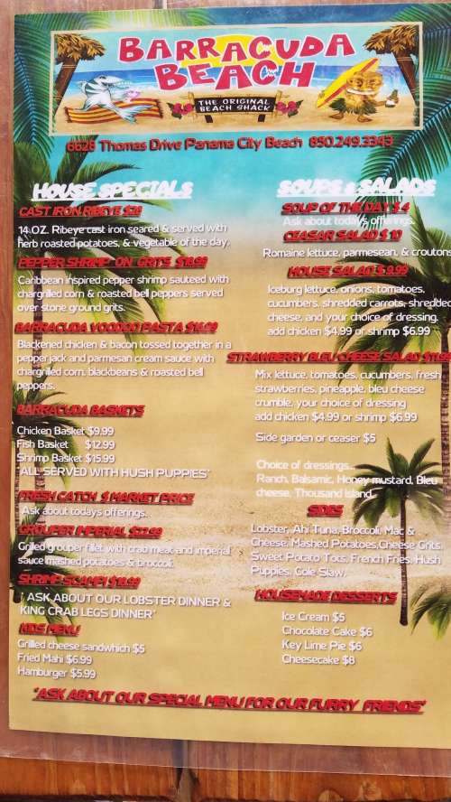 Barracuda Beach Bar PCB menu in Panama City Beach, Florida, USA