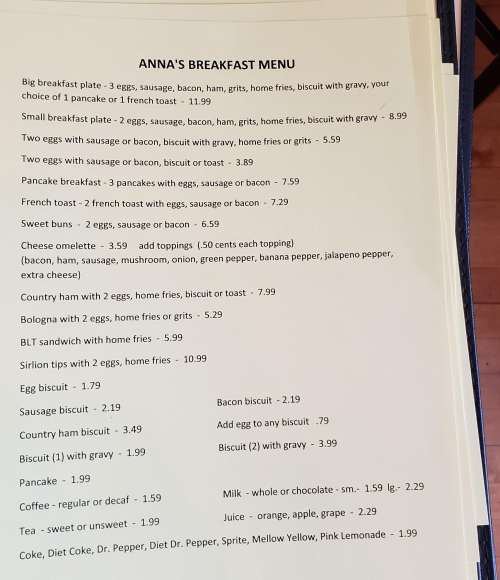 Anna's Restaurant menu in Narrows, Virginia, USA