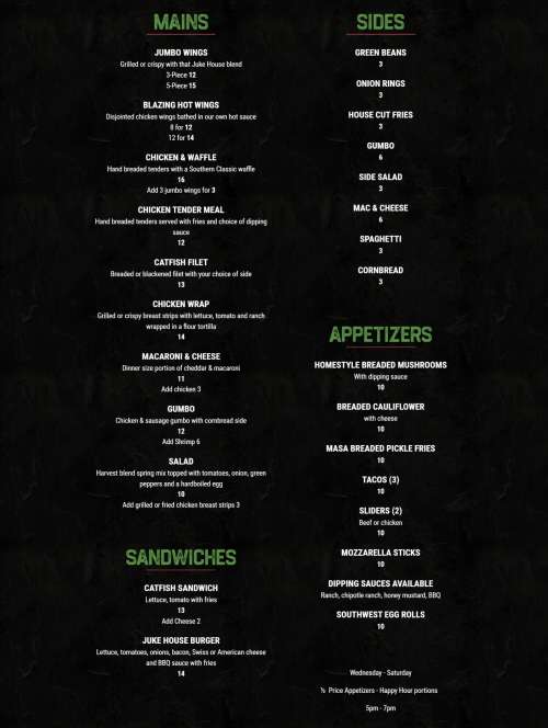 The Kansas City Juke House menu in Kansas City, Missouri, USA