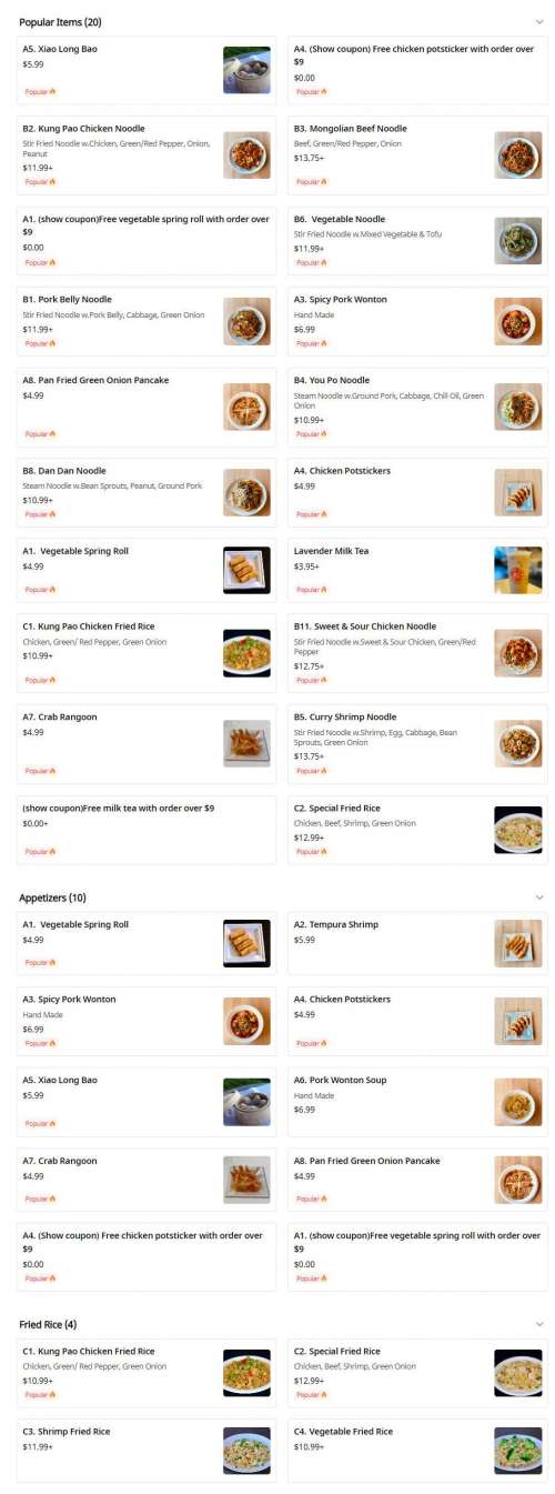 Yang's Noodle menu in Portland, Oregon, USA