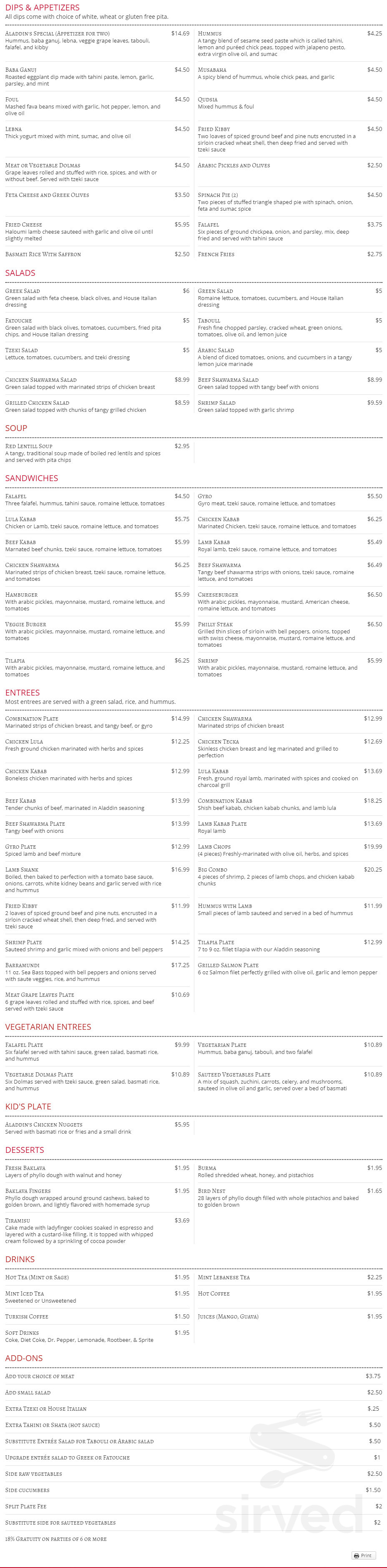 Menu for Aladdin Mediterranean Grill in Jackson, MS | Sirved