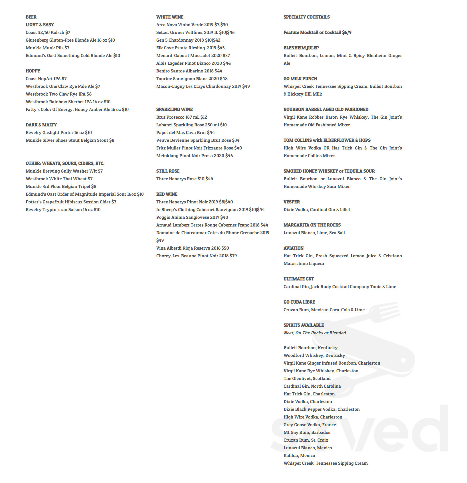 The Glass Onion menu in Charleston, South Carolina, USA